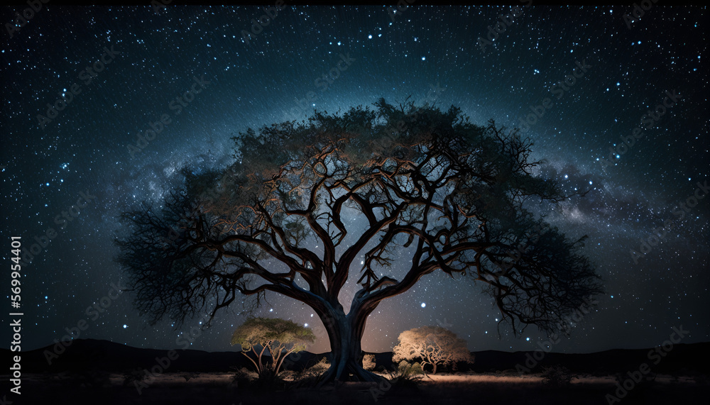 night landscape with tree and stars, Under the night sky viewed from ...