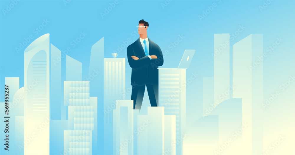 Giant businessman standing in the centre of big city. He putting his ...