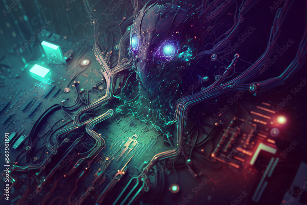 cyborg emerges from a data chip technology,generative ai Stock ...