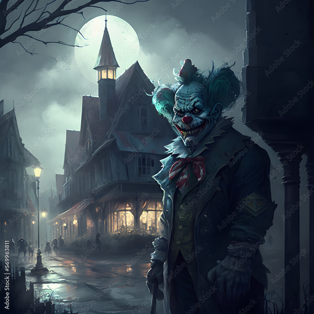 an illustration of a creepy menacing clown who is terrorizing the town ...