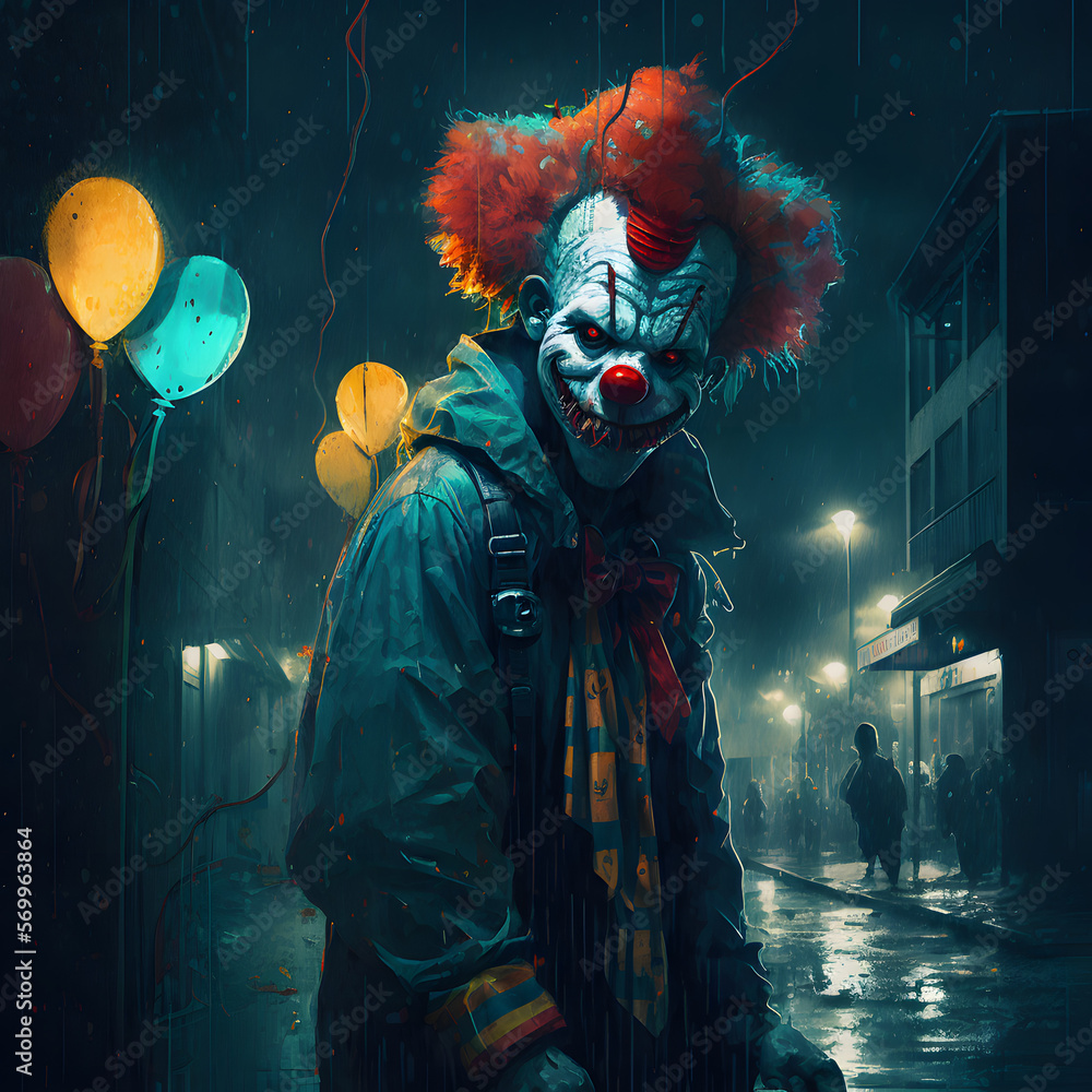 an illustration of a creepy menacing clown who is terrorizing the town ...