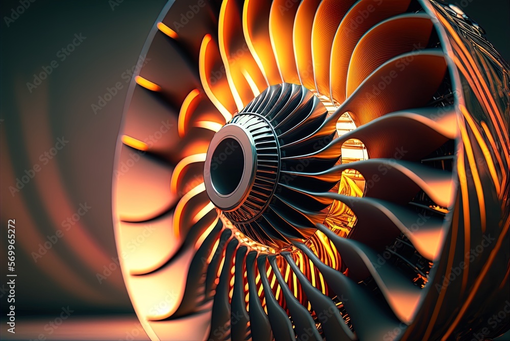 Sunlight shining through a turbine of a jet engine, seen at close range ...