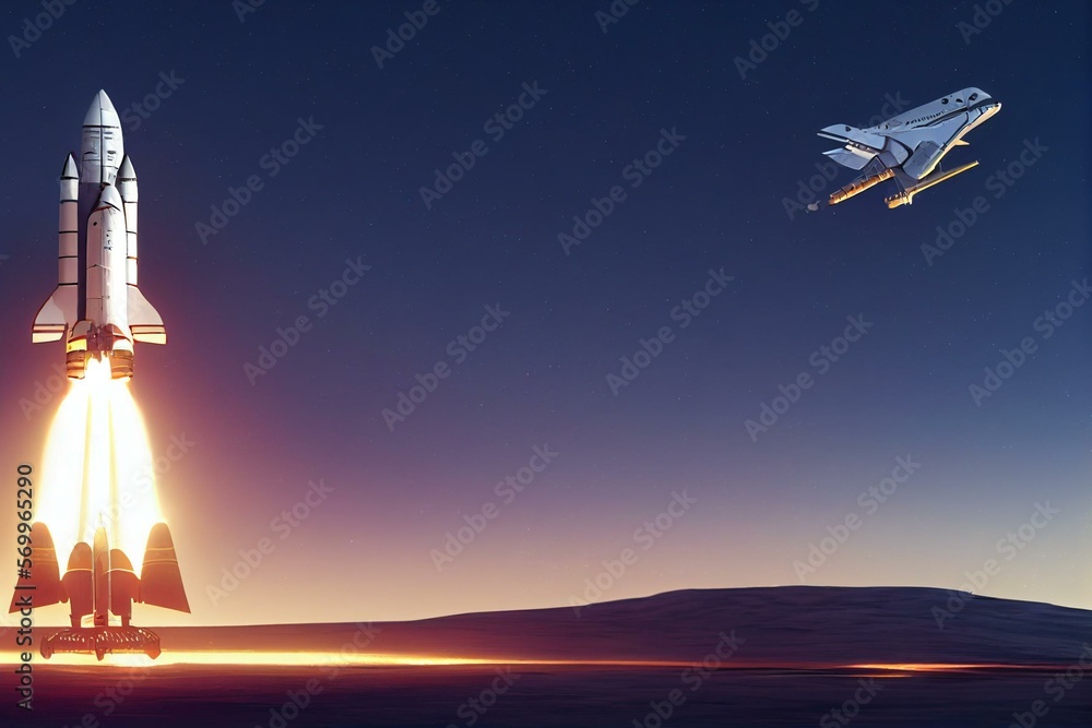 Spaceship takes off into the night sky. Rocket launch with enormous ...