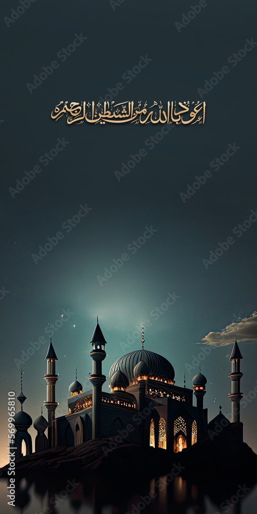 Golden Glittery Arabic Islamic Calligraphy of Wish (Dua) Audhu Billahi ...