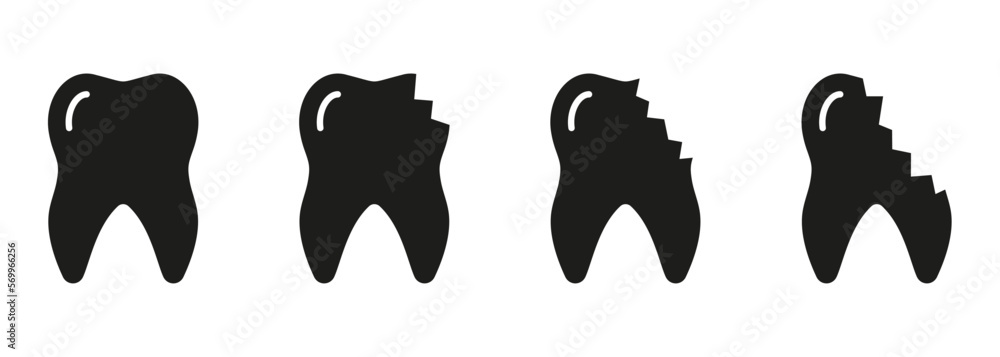 Broken Cracked Teeth Silhouette Icon Set. Dentistry Symbol. Chipped ...
