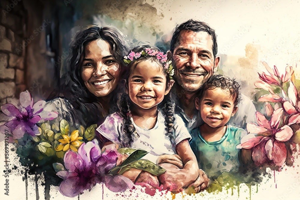 Latin American ethnicity family in watercolor painting style. National ...