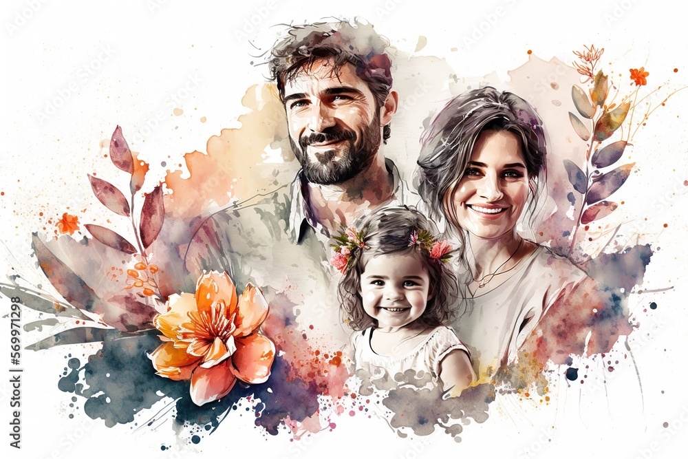 Spanish family watercolor portrait over white background. National ...