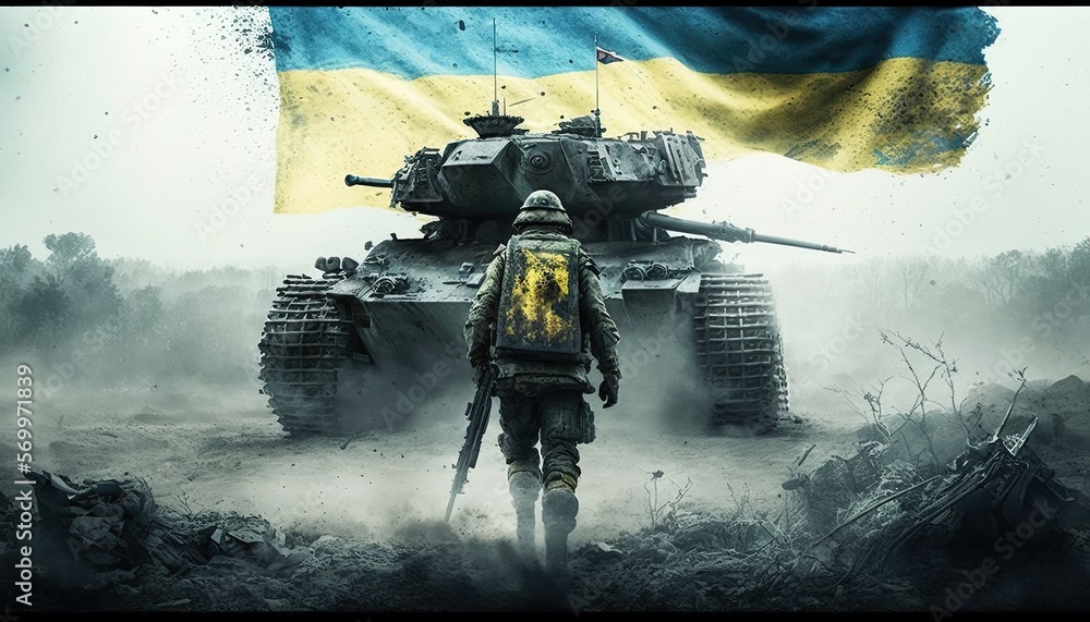 Generative AI illustration of a Leopard main battle tank, Ukraine flag ...