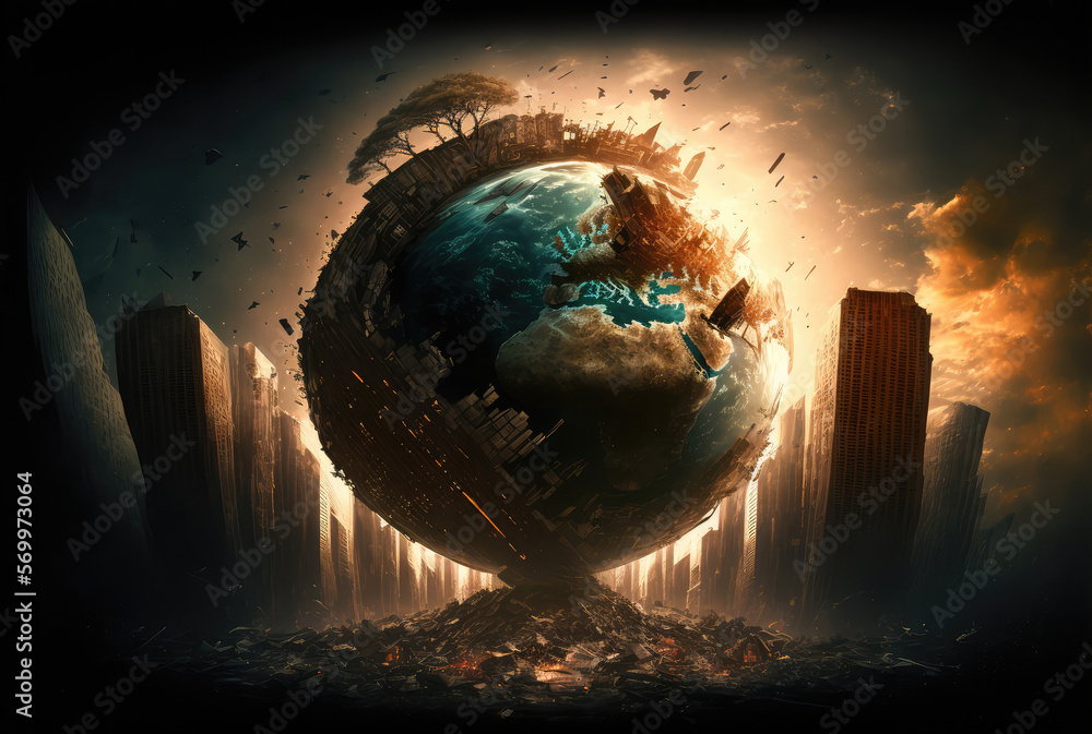 Apocalypse catastrophe earth fell on its side in pile of garbage among ...