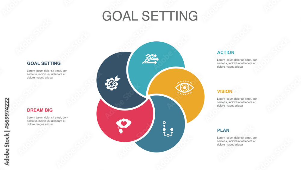 goal setting, dream big, action, vision, plan, icons Infographic design ...