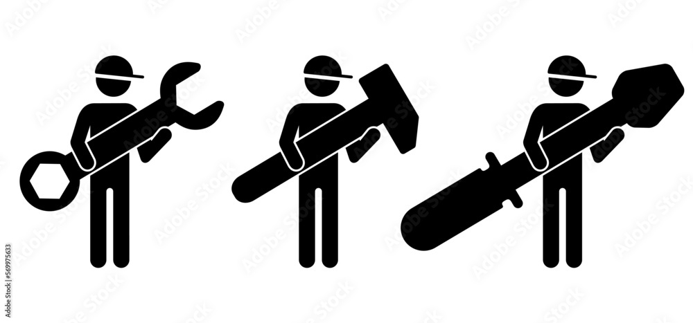 Cartoon stickman, stick figure man with repair set symbol. Screwdriver ...