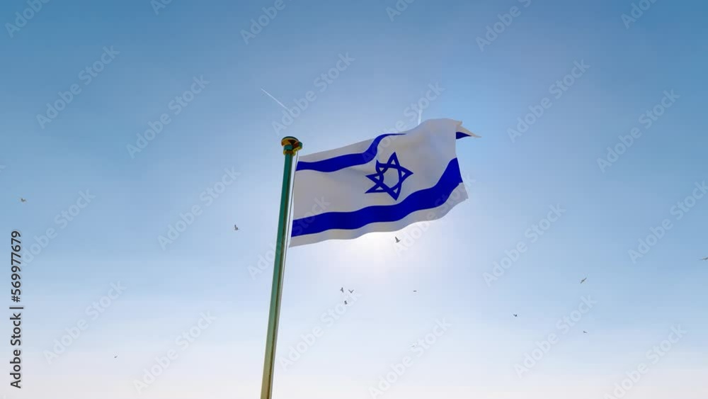 Flag of israel waving in the wind, sky and sun background. israel Flag ...