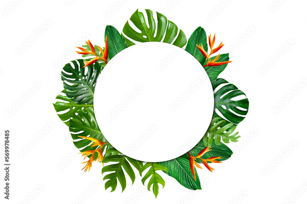 Tropical forest with leaves and flowers surrounding a white circle ...