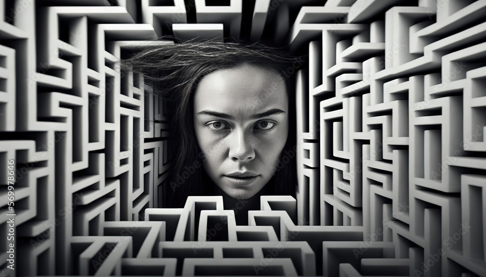 Woman in a maze of her own mind concept of mental health problem for ...