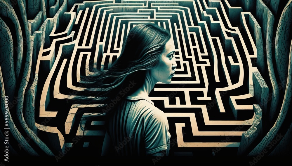 Woman in a maze of her own mind concept of mental health problem for ...