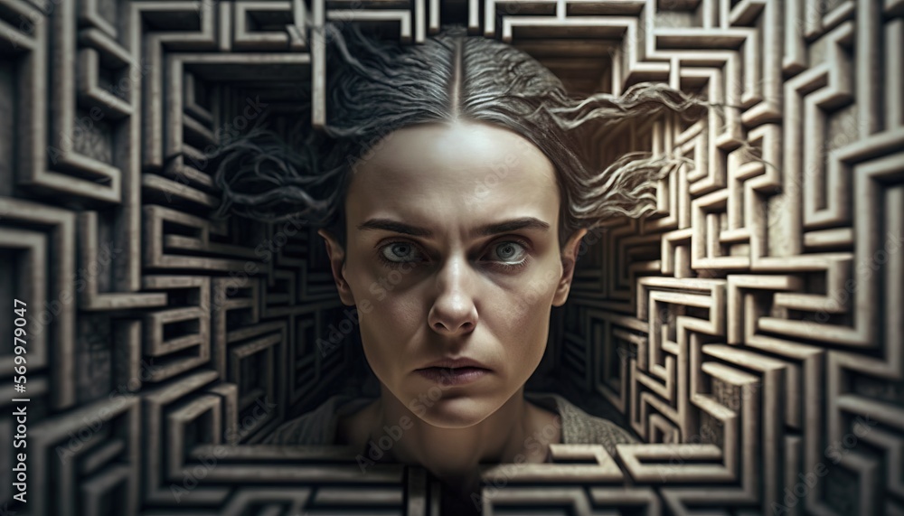 Woman in a maze of her own mind concept of mental health problem for ...
