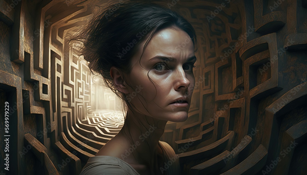 Woman in a maze of her own mind concept of mental health problem for ...