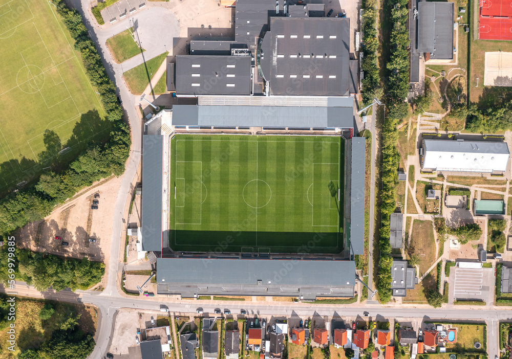 Aerial summer view directly above the Haderslev Fodboldstadion (Sydbank ...