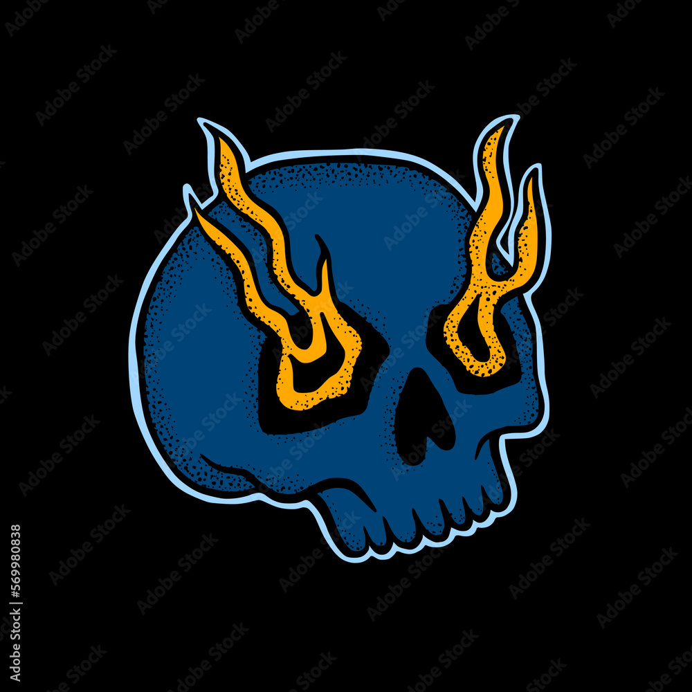 Blue skull fire art Illustration hand drawn style premium vector for ...