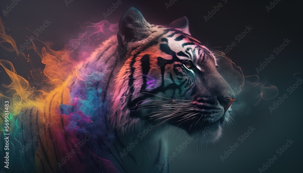 Neon glowing tiger animal isolated on dark background, phantasmal ...