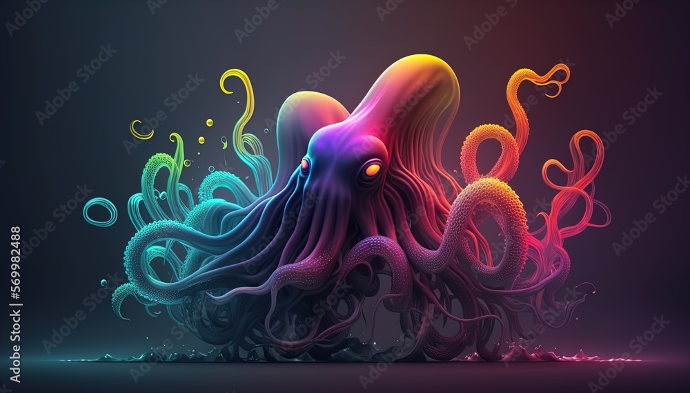 Neon glowing kraken or octopus animal isolated on dark background, phantasmal iridescent ...