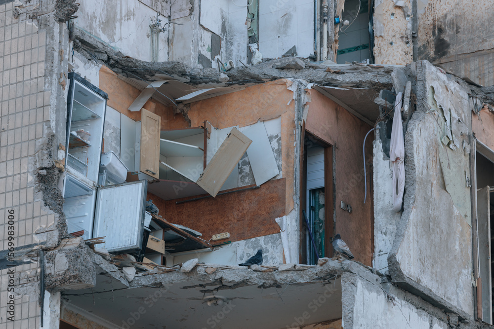 Impact on a high-rise building in the city of Dnipro, Ukraine. A ...