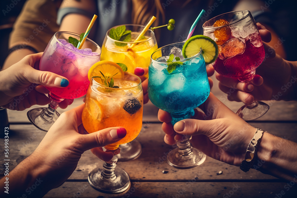 party in the nightclub. People hands toasting multicolored fancy drinks ...