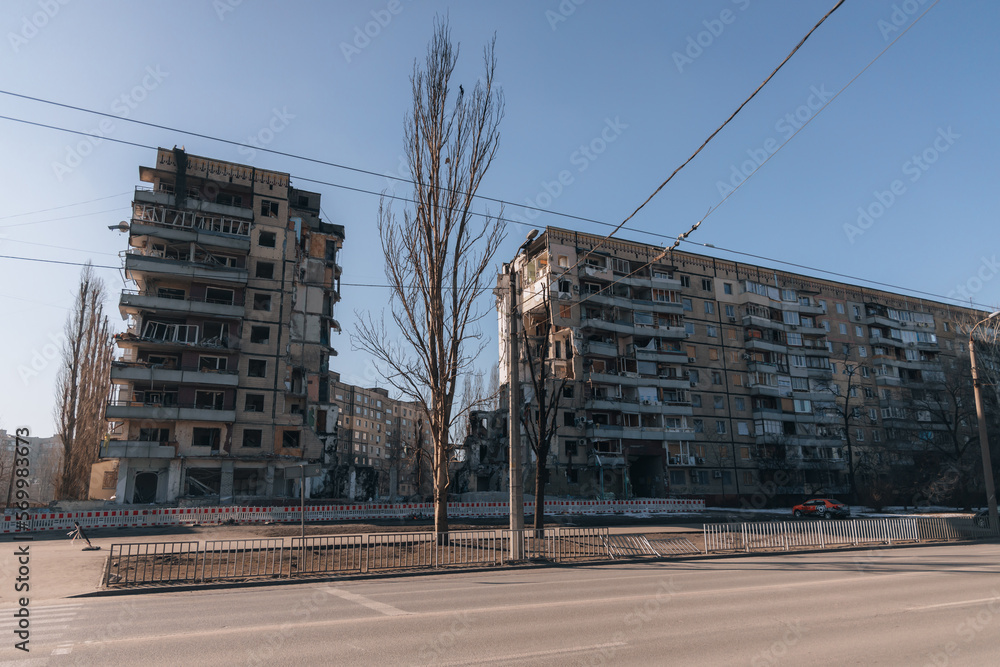 Impact on a high-rise building in the city of Dnipro, Ukraine. A ...