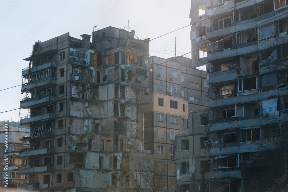 Impact on a high-rise building in the city of Dnipro, Ukraine. A ...