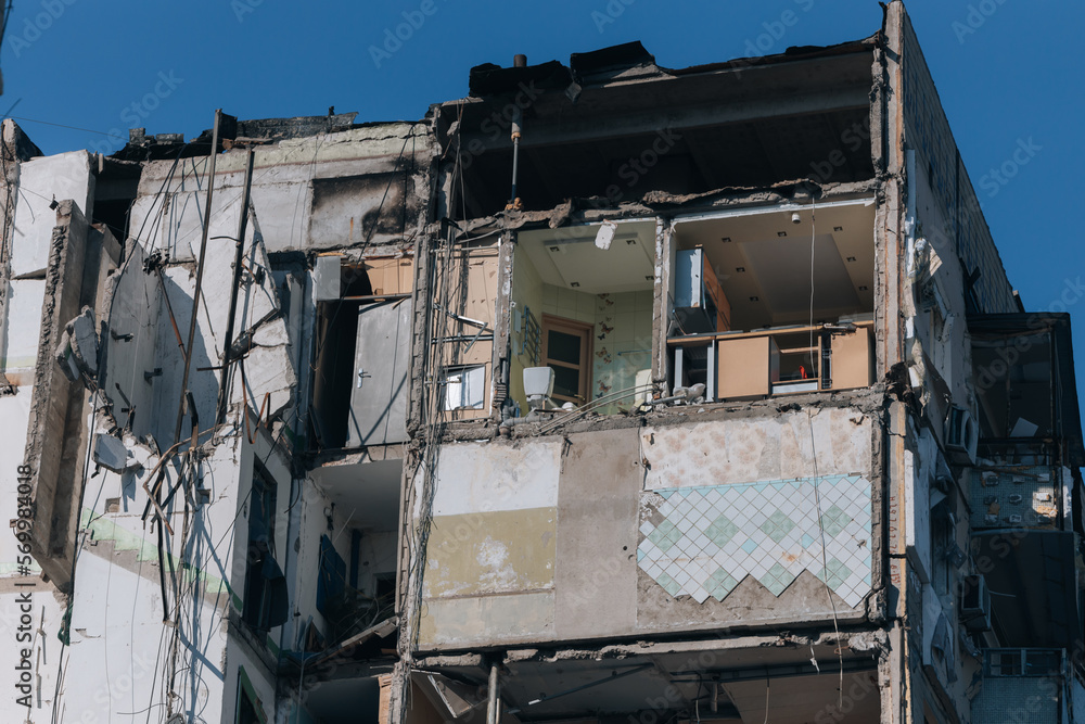 Impact on a high-rise building in the city of Dnipro, Ukraine. A ...