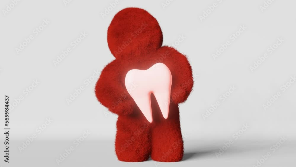 Cute blue fur Yeti holds white healthy and red aching molar tooth 3D ...