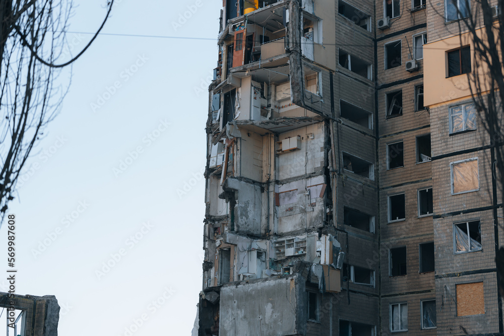 Impact on a high-rise building in the city of Dnipro, Ukraine. A ...