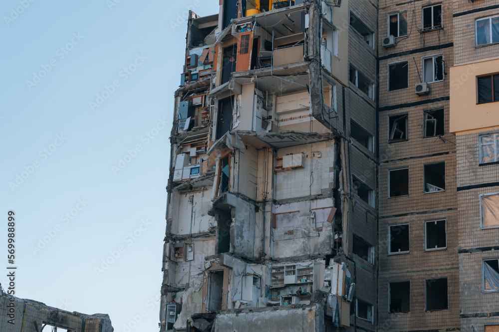 Impact on a high-rise building in the city of Dnipro, Ukraine. A ...