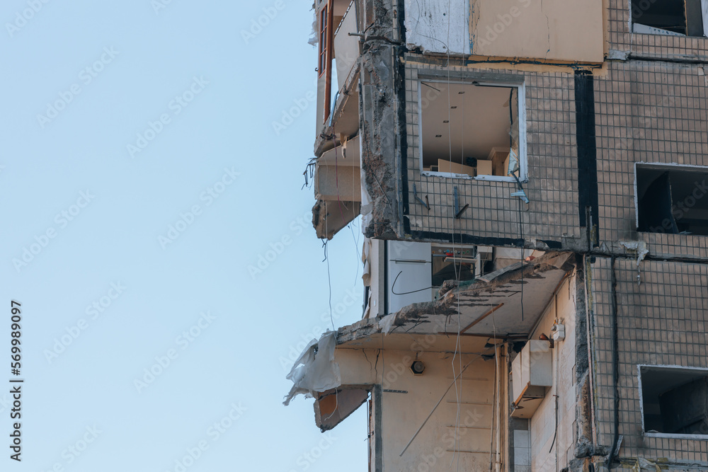 Impact on a high-rise building in the city of Dnipro, Ukraine. A ...