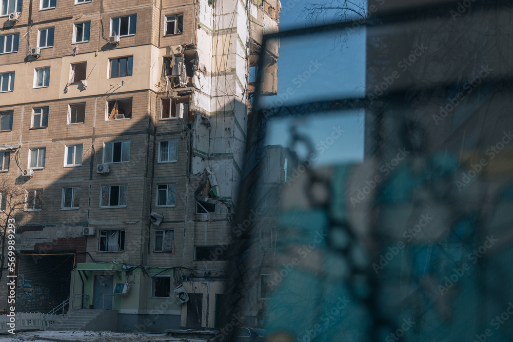 Impact on a high-rise building in the city of Dnipro, Ukraine. A ...