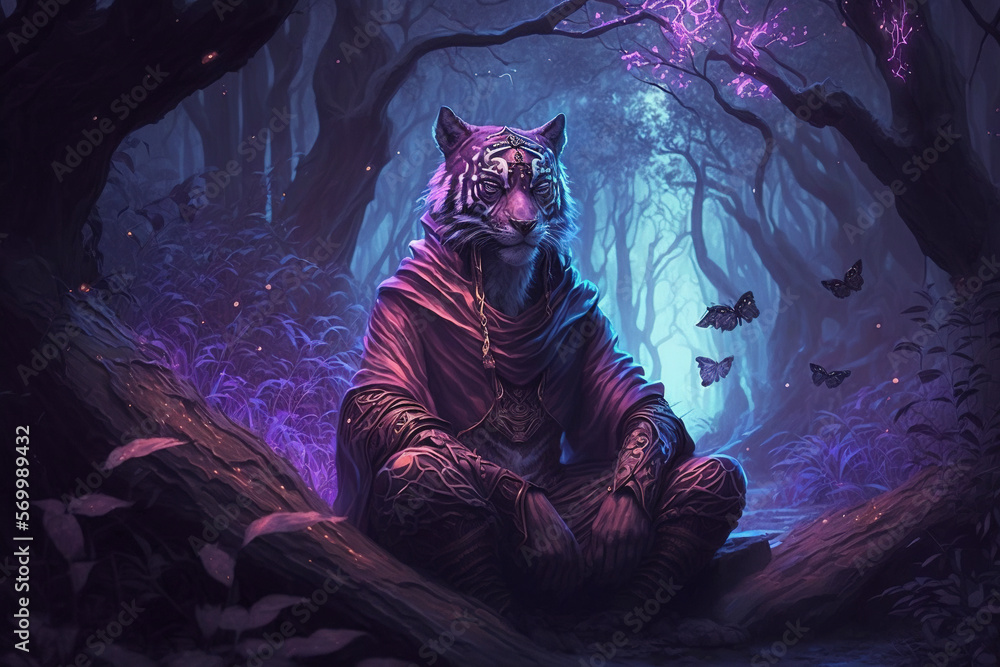 a meditating tiger, a meditating tiger head with human body wearing a ...