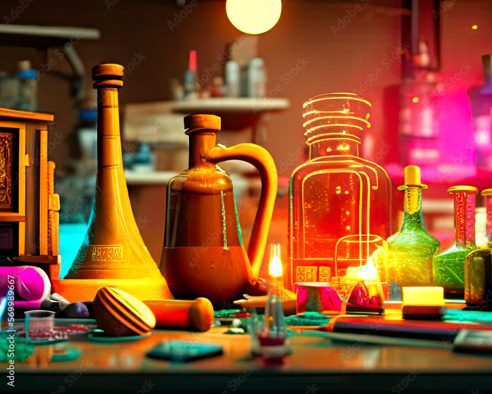 Generative AI, alchemy lab, jars, potions, flasks, powders, scientific ...