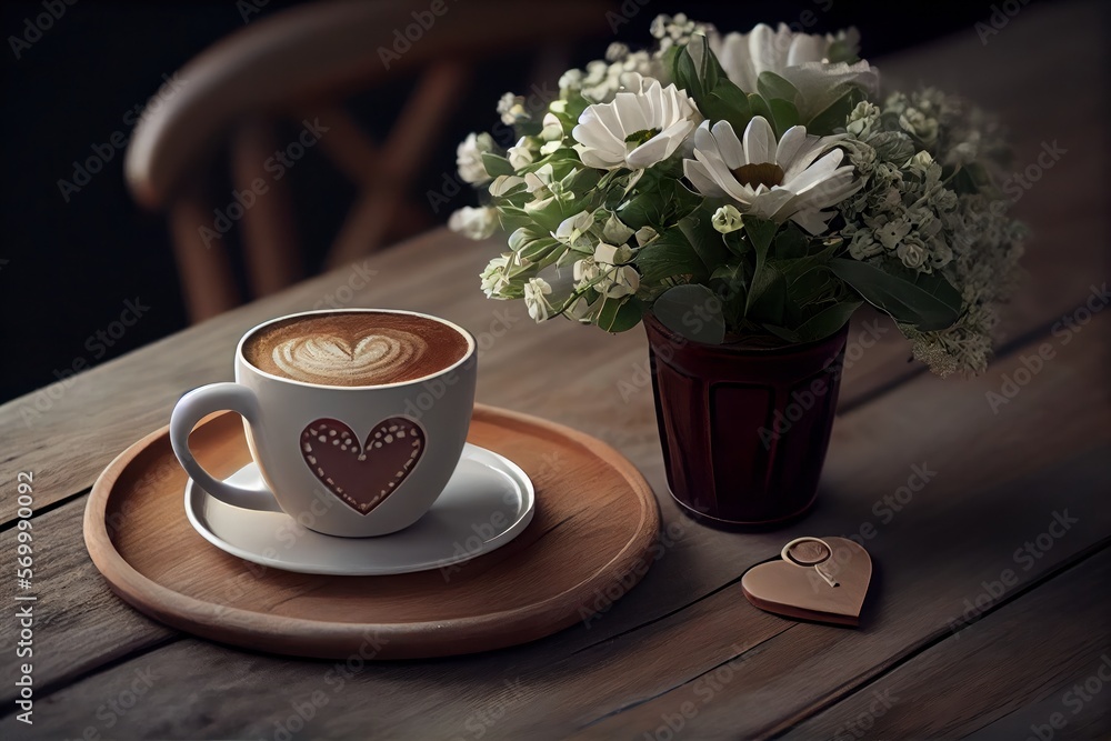 Eine Tasse Kaffee mit Blumen dekoriert, Muttertag inspiriert, Herzen ...