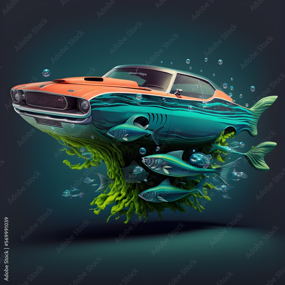 1970 Plymouth Barracuda dissolving into a fish from left to right ...