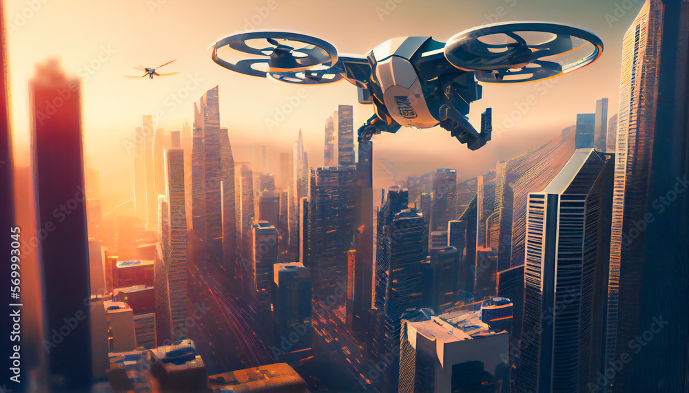 A drone is flying over a modern city, with tall buildings, roads, and a ...