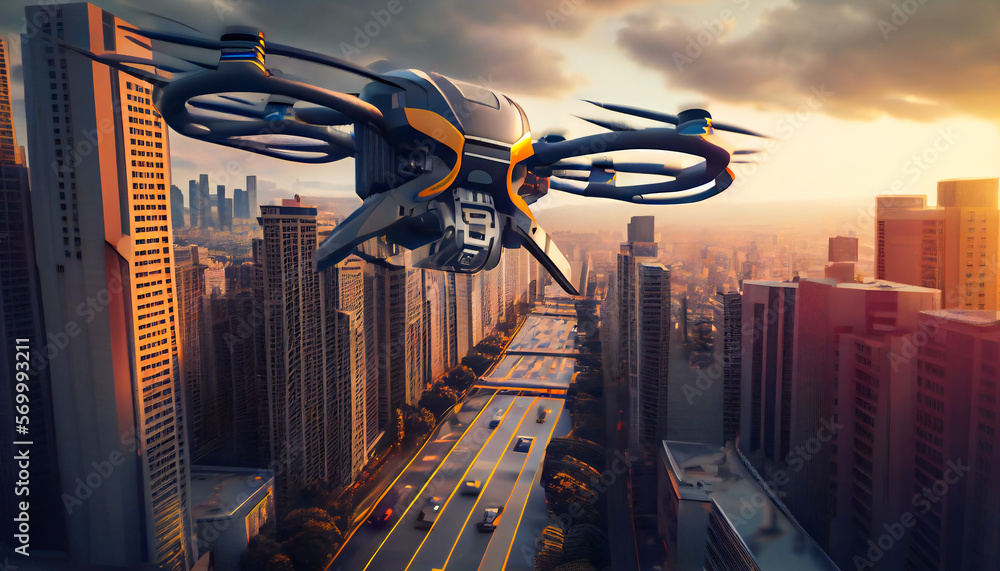 A drone is flying over a modern city, with tall buildings, roads, and a ...