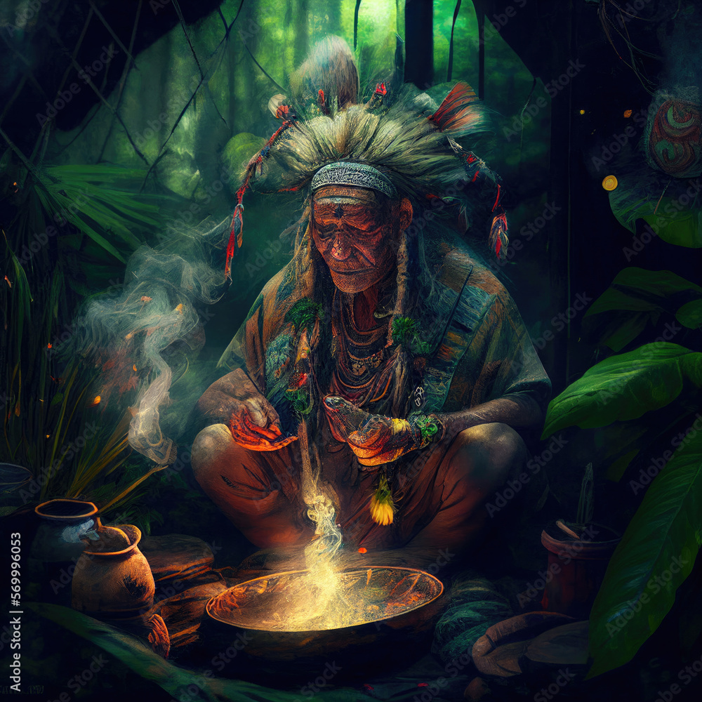 A Shaman traditional healer preparing for a ceremony in the Amazon ...