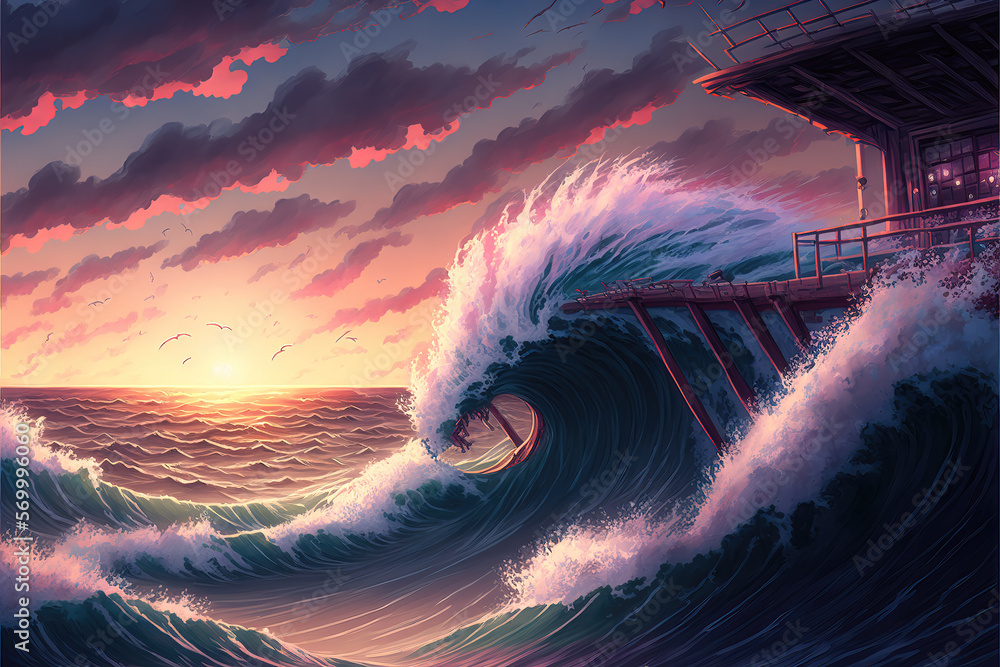 heavy waves incoming destroying a house at the beach, tsunami ...
