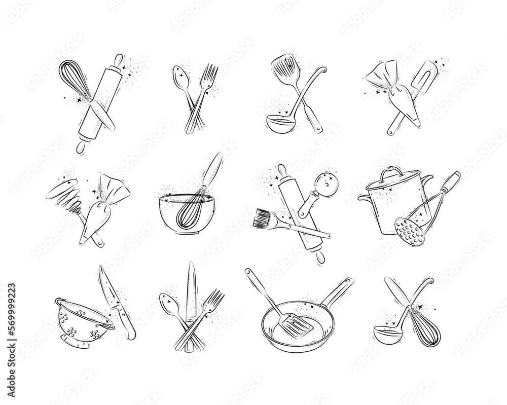 Kitchen stuff to prepare food and bakery drawing in graphic style on ...
