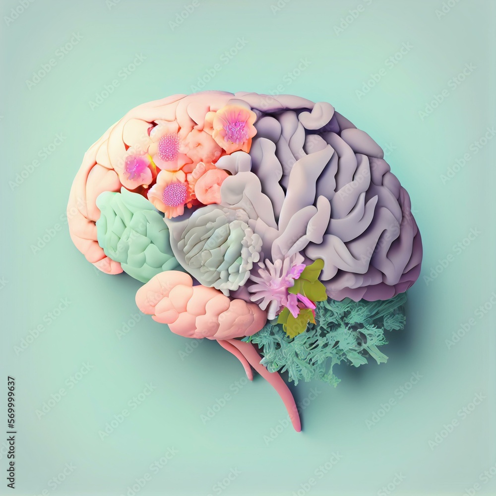 Human brain with flowers, self care and mental health concept, positive ...