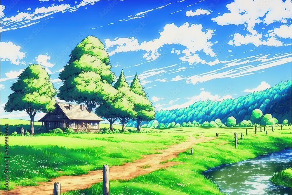 a beautiful cute anime landscape illustration with a small cottage and ...