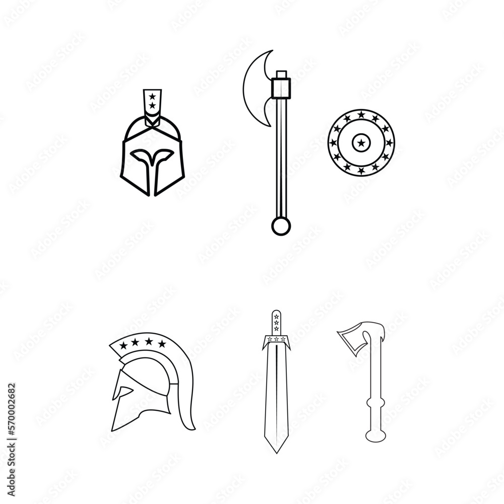set of arms. Set of medieval weapons. Antique swords, axes, spears ...
