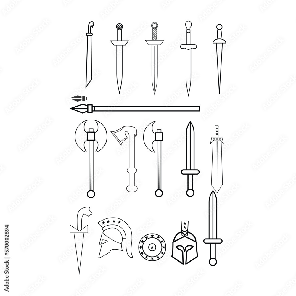 set of arms. Set of medieval weapons. Antique swords, axes, spears ...