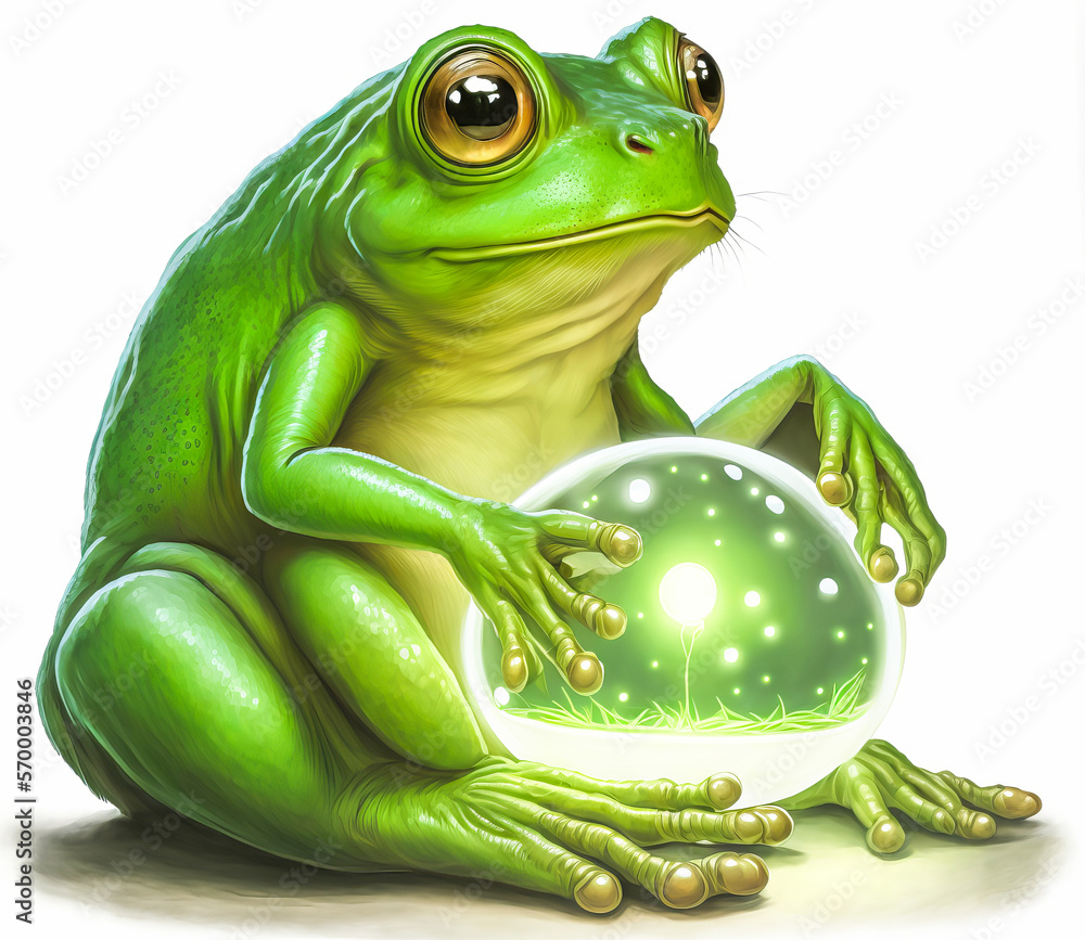 A large, intriguing green frog stands in front of a crystal ball ...