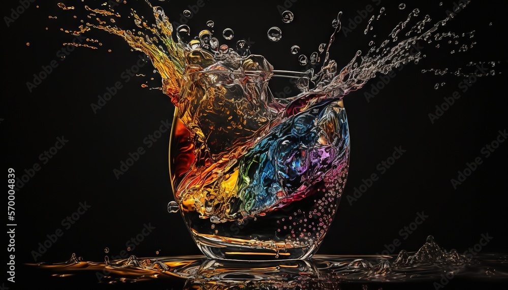 a glass filled with water with a rainbow colored liquid splashing out of the top of it on a ...